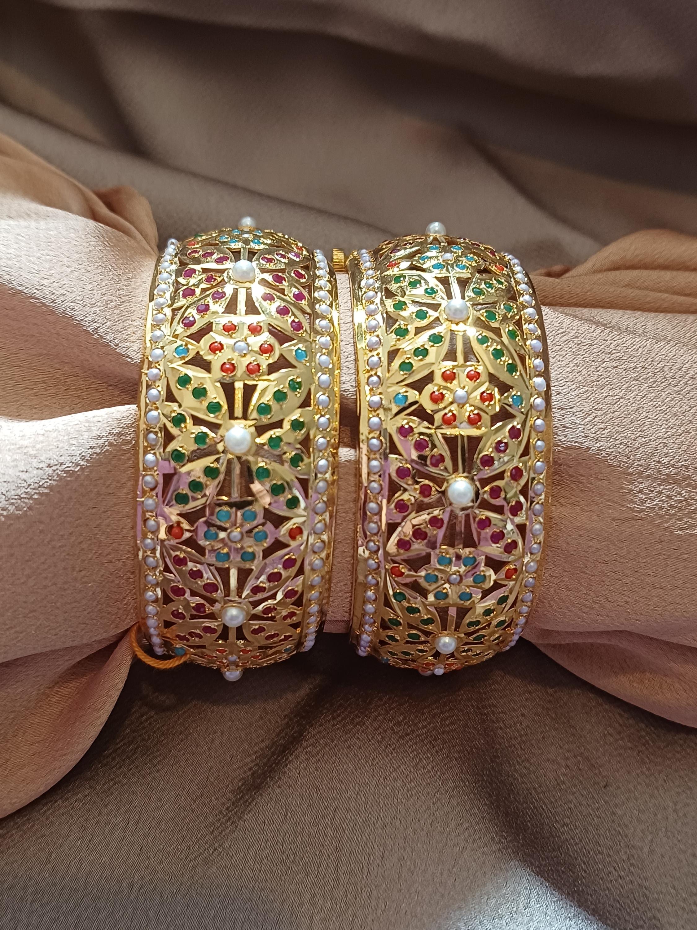 22K Gold Plated Jadau Bangles; Indian Bridal Kada, Pearl & Stone ...