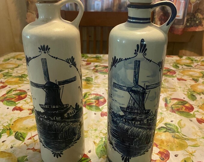 2 Delft Blue, Made in Holland, Handled Liquor Bottles, Handmade, Blue ...