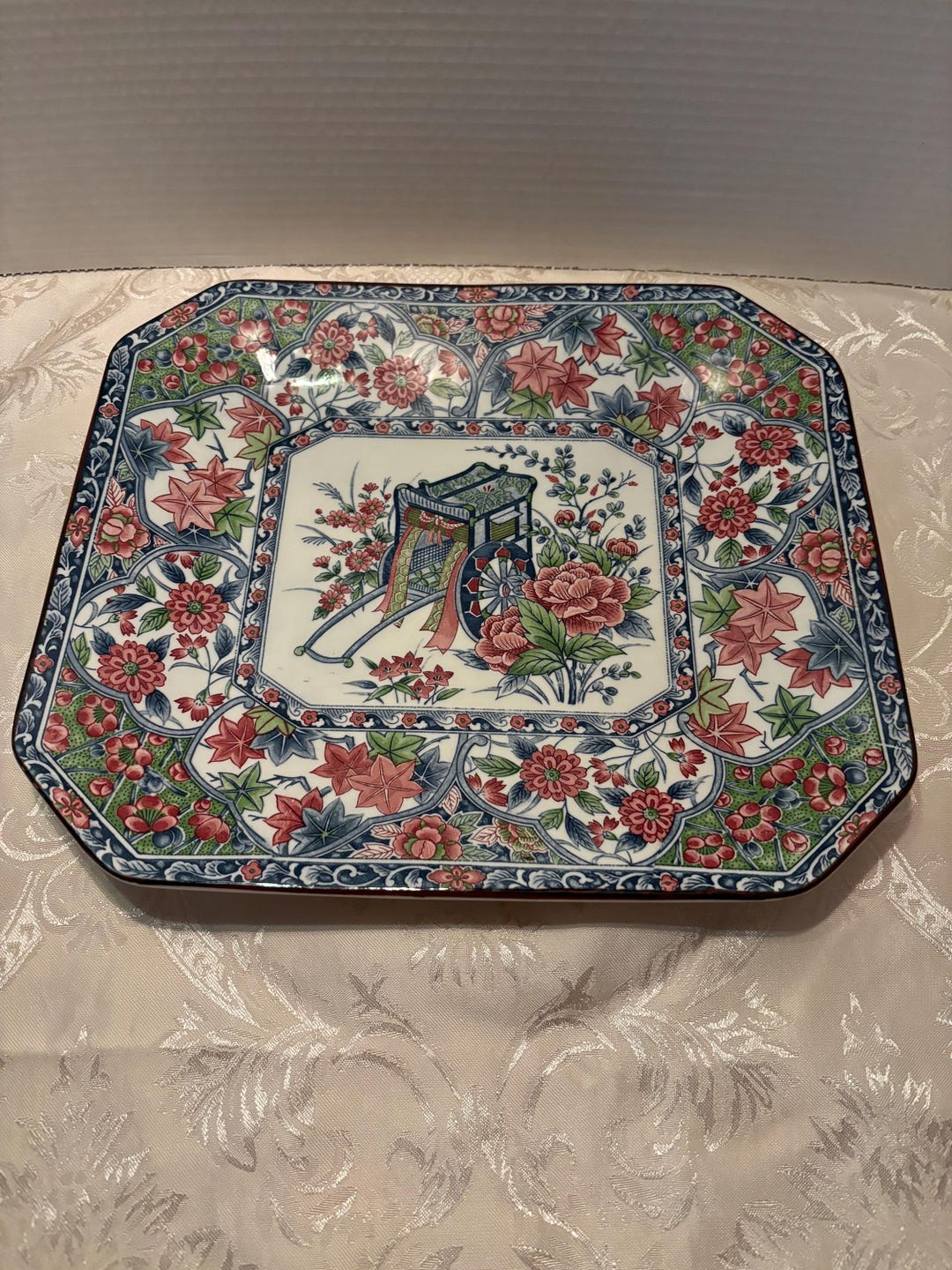 Vintage Japan Imari Rectangular Porcelain Beveled Tray Platter With Rickshaw, Peonies, Other ...
