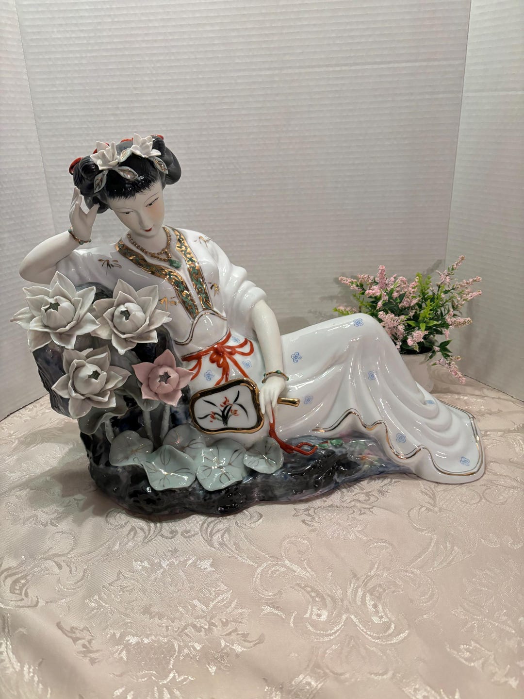 Vintage Ornate Japanese Porcelain Geisha Holding Fan Relaxed Among ...