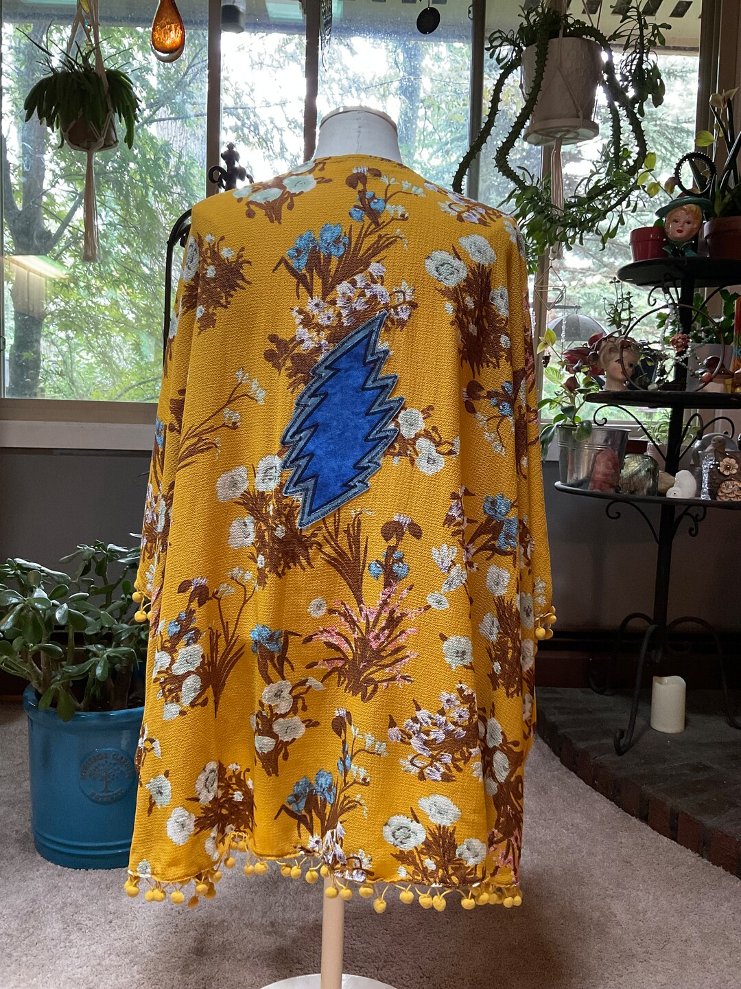 Yellow and Blue Flower Kimono Duster Robe With Grateful Dead Bolt Patch ...