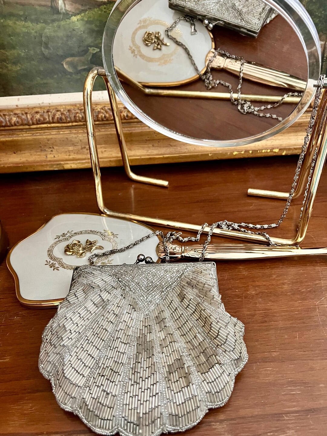 Vintage Silver Beaded Scallop Clam Shell Evening Purse With 36 Inch ...