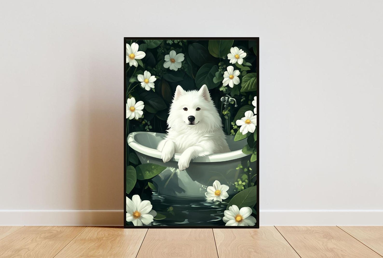 Samoyed in Bathtub Poster, Funny Dog Poster, Samoyed Bathroom Print ...