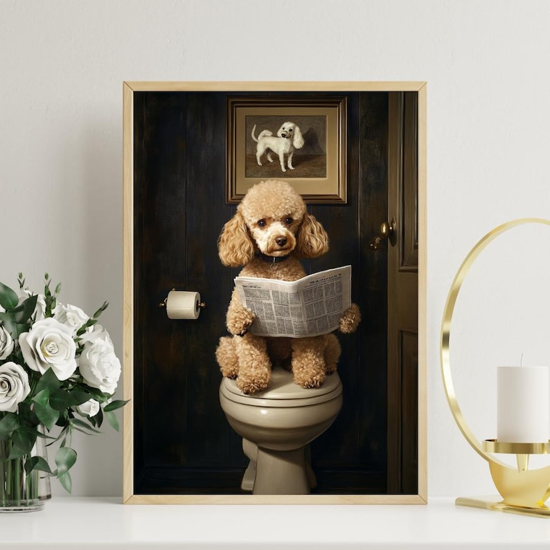 Poodle on Toilet Poster, Dog Poster, Poodle Bathroom Print, Dog Toilet ...