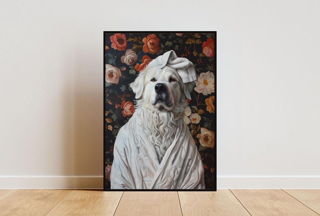 Great Pyrenees in Bathrobe Poster, Dog Poster, Great Pyrenees Bathroom ...