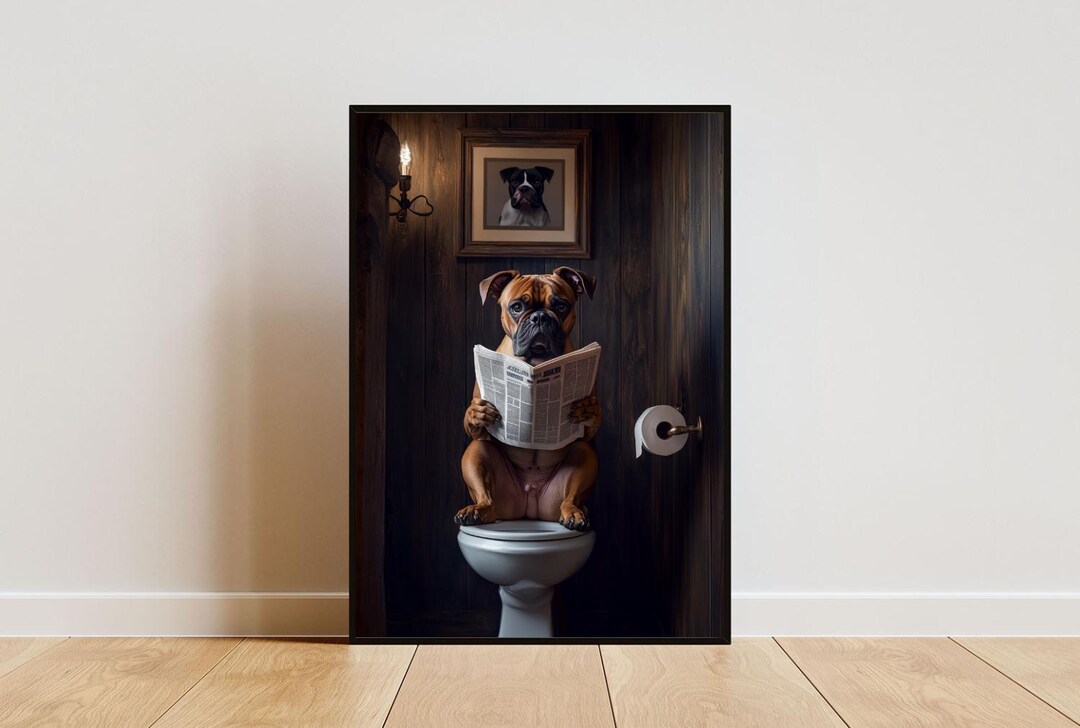 Boxer on Toilet Poster, Dog Poster, Boxer Bathroom Print, Dog Toilet ...
