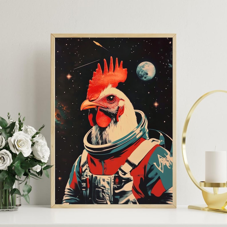 Chicken Astronaut Poster, Chicken Retro Print, Chicken Portrait, Animal ...