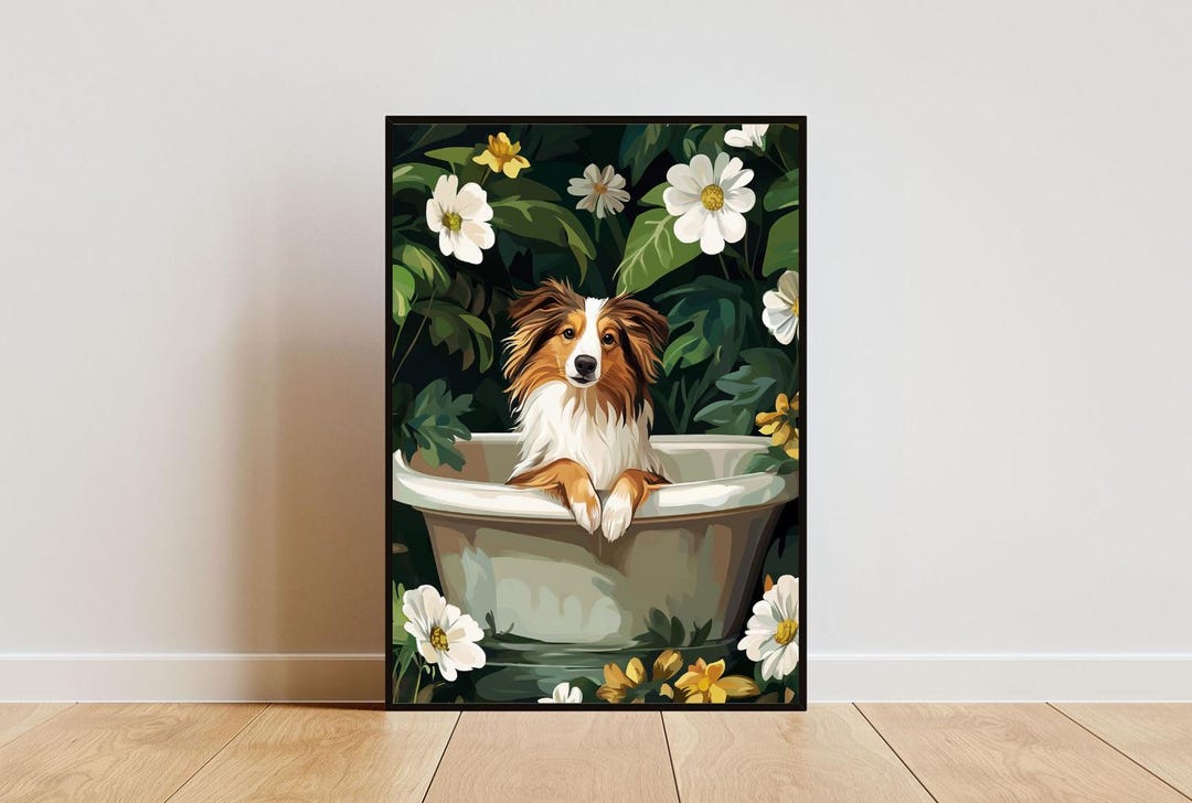 Shetland Sheepdog in Bathtub Poster, Funny Dog Poster, Shetland ...