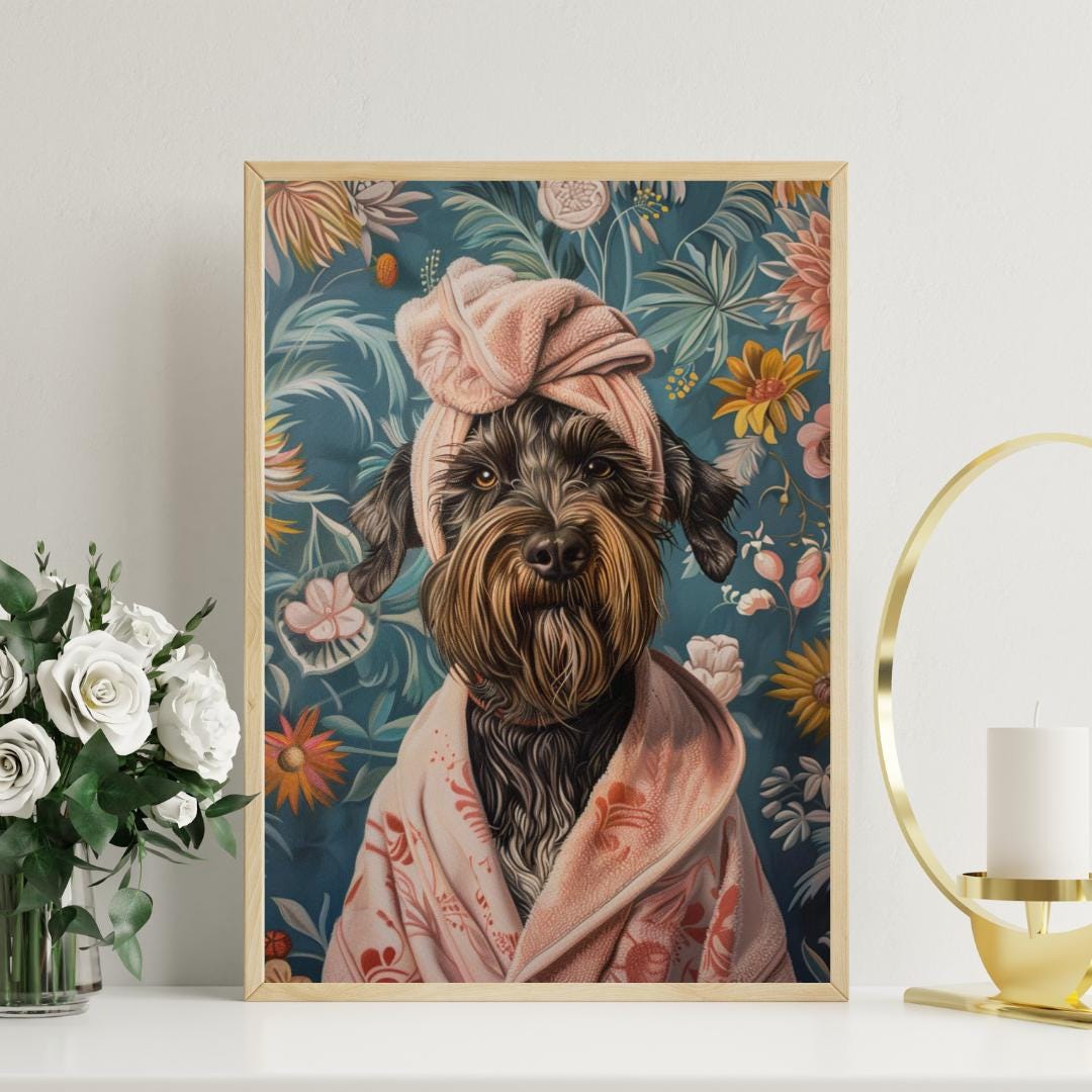 Wirehaired Pointing Griffon in Bathrobe Poster, Dog Poster, Wirehaired ...