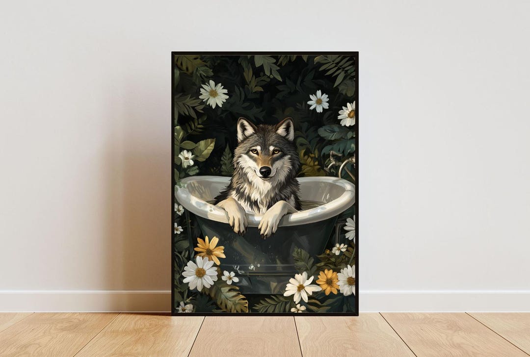 Wolf in Bathtub Poster, Funny Animal Poster, Wolf Bathroom Print, Wolf ...