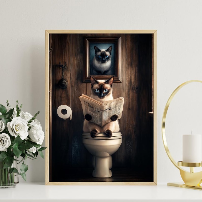 Siamese on Toilet Poster, Cat Poster, Siamese Bathroom Print, Cat ...