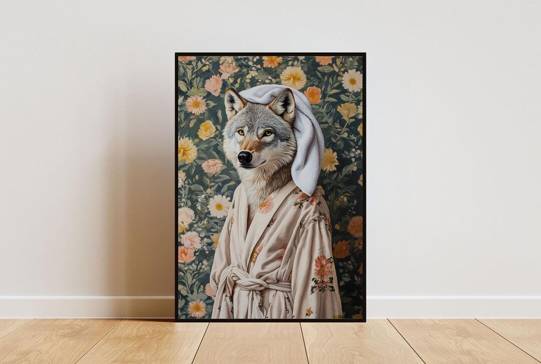 Wolf in Bathrobe Poster, Animal Poster, Wolf Bathroom Print, Animal ...