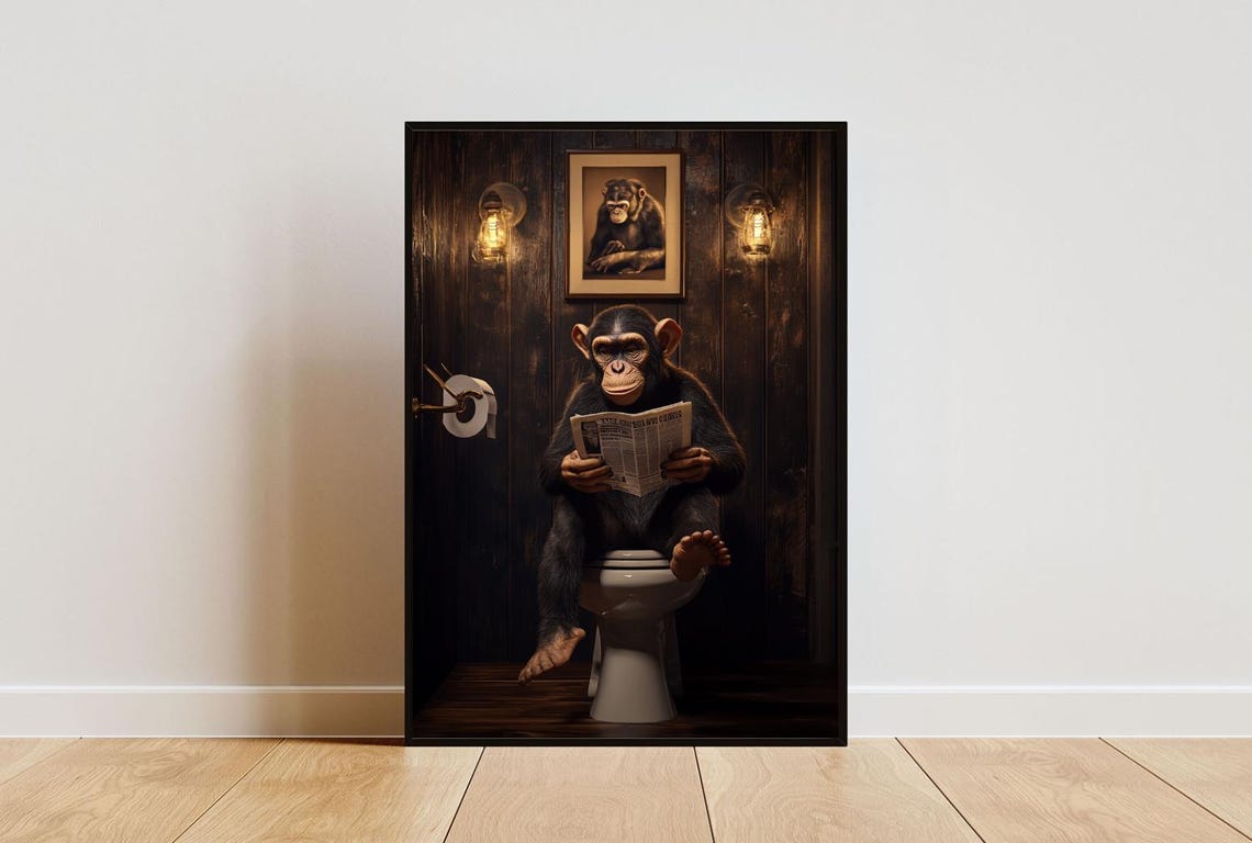 Monkey on Toilet Poster, Animal Poster, Monkey Bathroom Print, Animal ...