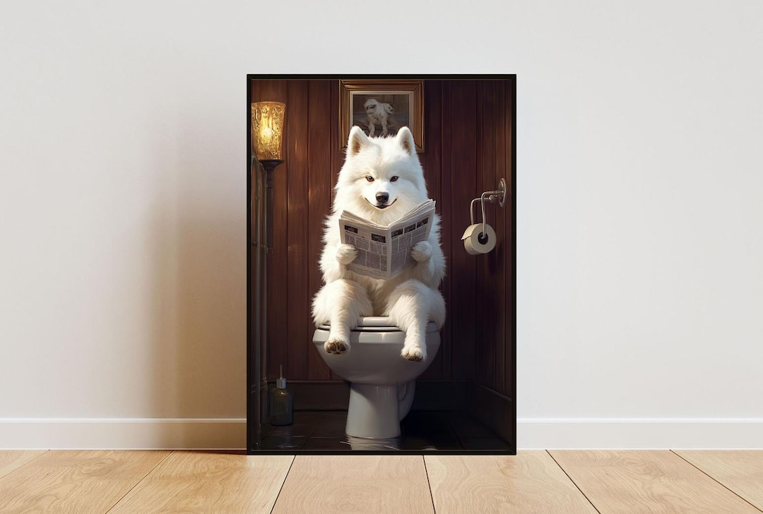 Samoyed on Toilet Poster, Dog Poster, Samoyed Bathroom Print, Dog Toilet Wall Art, Samoyed ...
