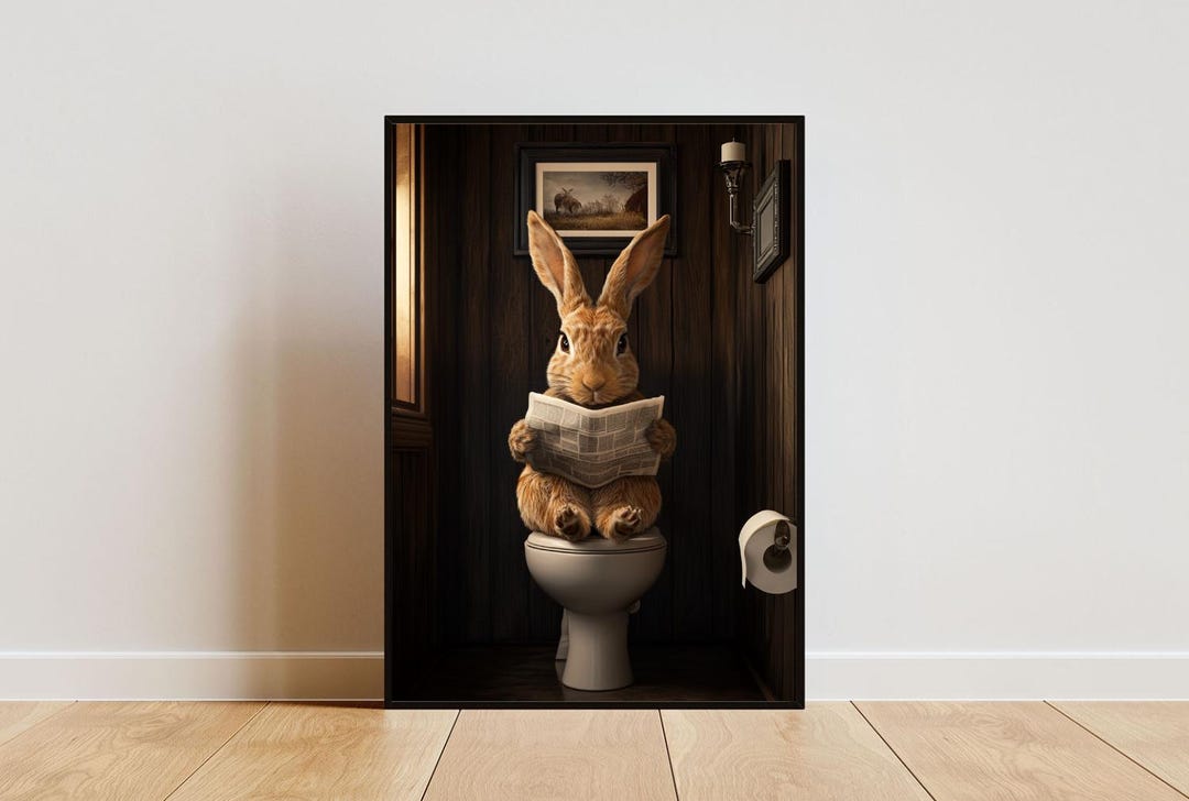 Hare on Toilet Poster, Animal Poster, Hare Bathroom Print, Animal ...