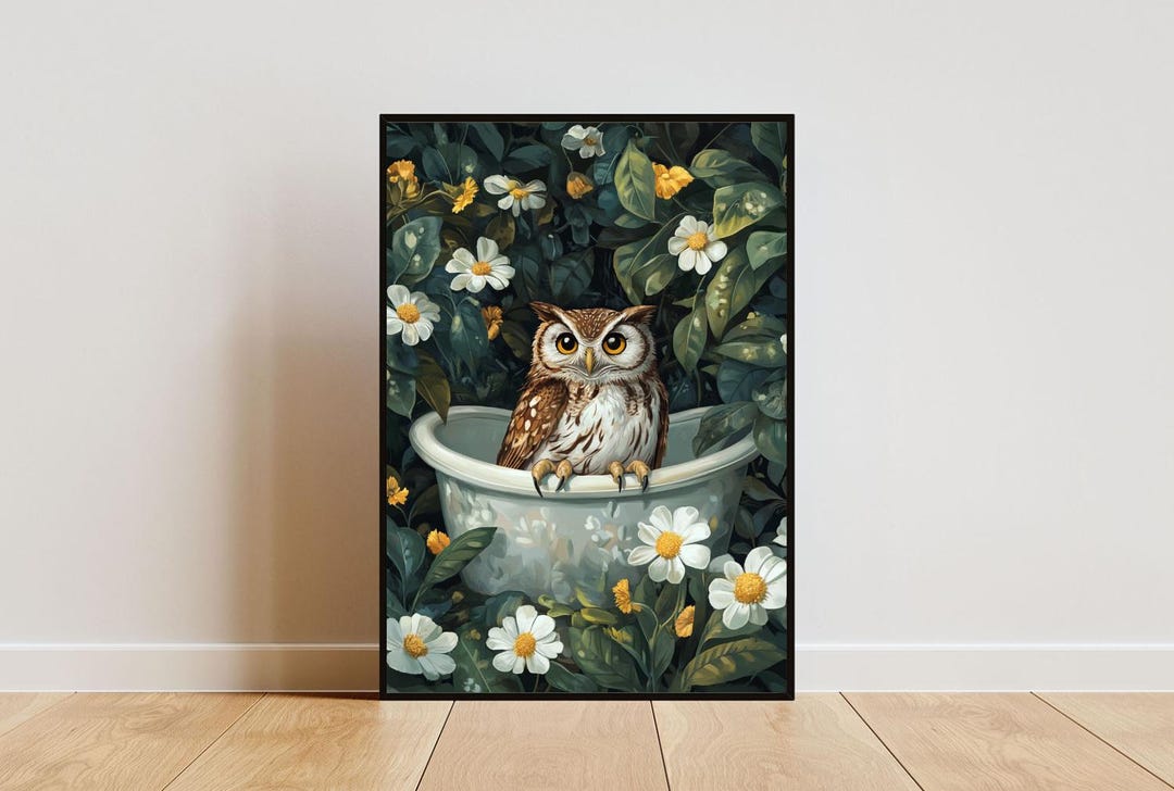 Owl in Bathtub Poster, Funny Animal Poster, Owl Bathroom Print, Owl ...
