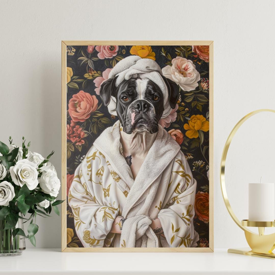 Boxer in Bathrobe Poster, Dog Poster, Boxer Bathroom Print, Dog Wall ...