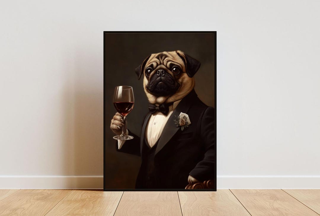Pug in Tuxedo Poster, Pet Poster, Pug in Suit Print, Dog Wall Art, Pug ...