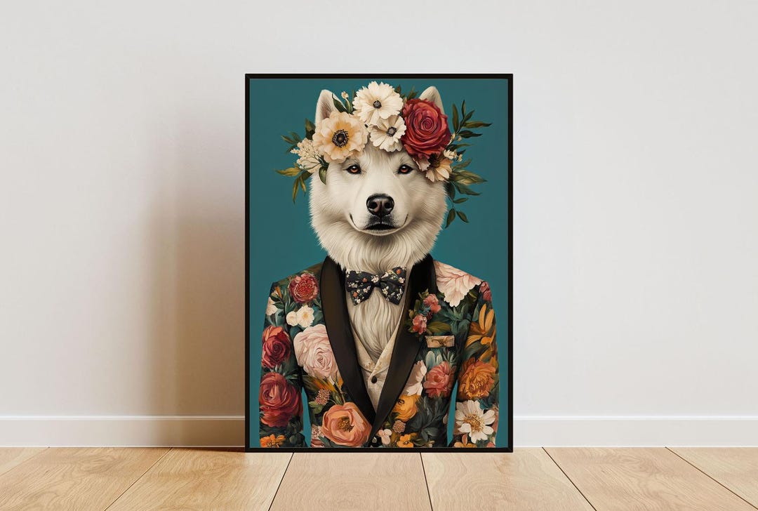 Samoyed in Suit Poster, Samoyed Portrait, Samoyed Oil Painting, Animal Head Human Body Poster ...