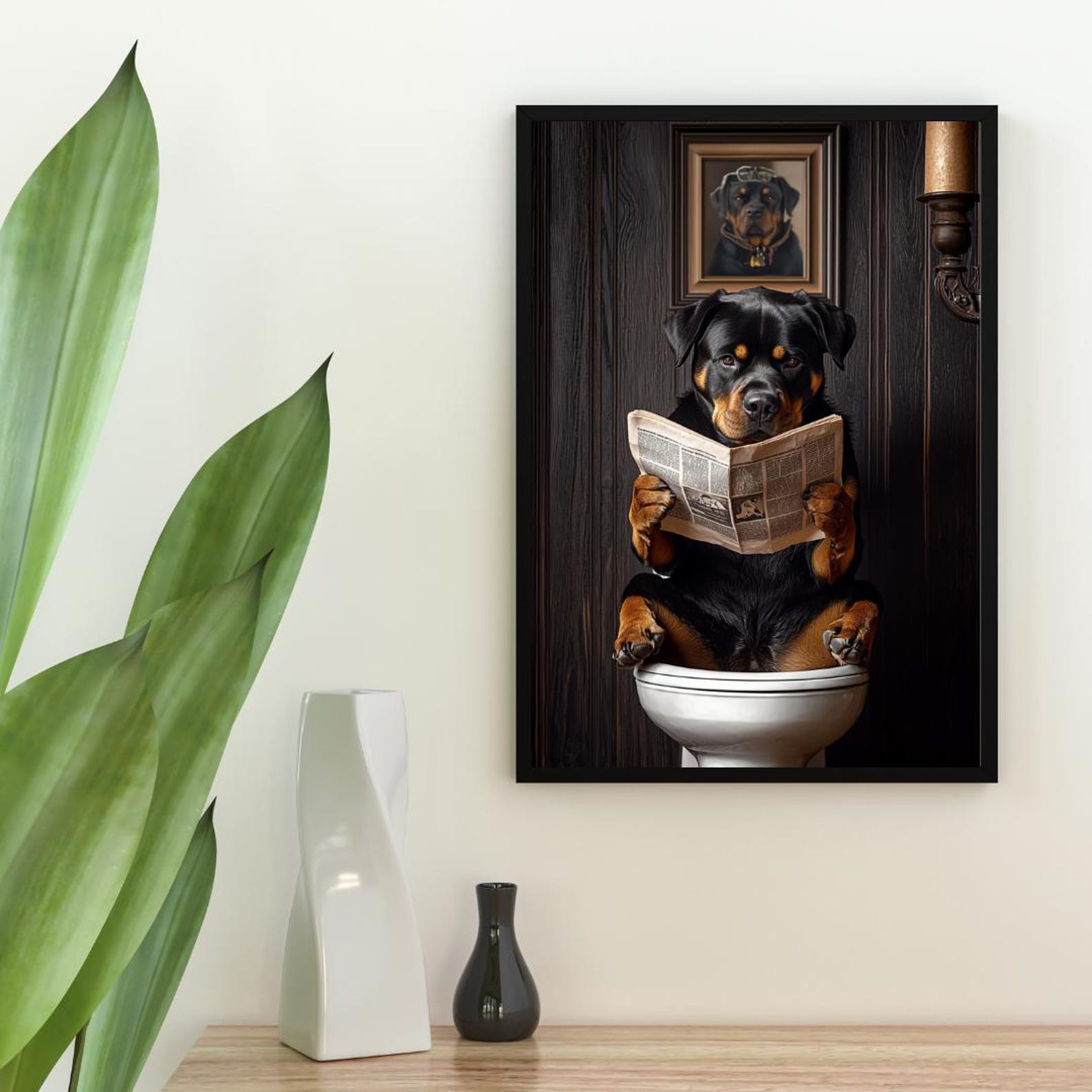 Rottweiler on Toilet Poster, Dog Poster, Rottweiler Bathroom Print, Dog ...