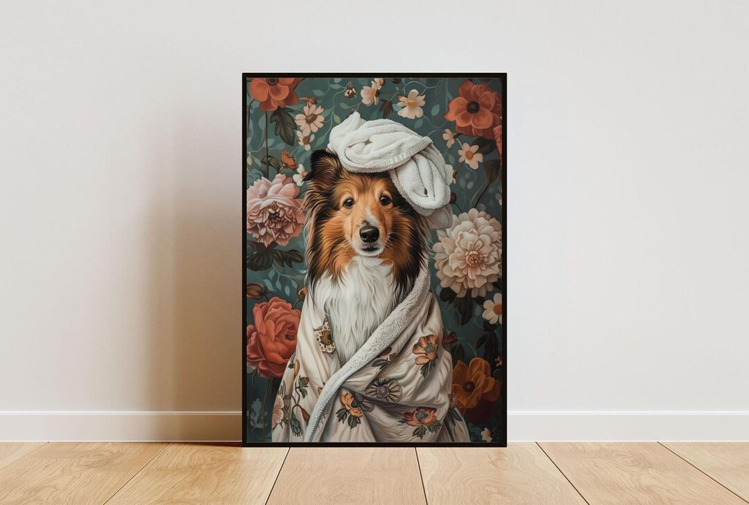 Shetland Sheepdog in Bathrobe Poster, Dog Poster, Shetland Sheepdog ...
