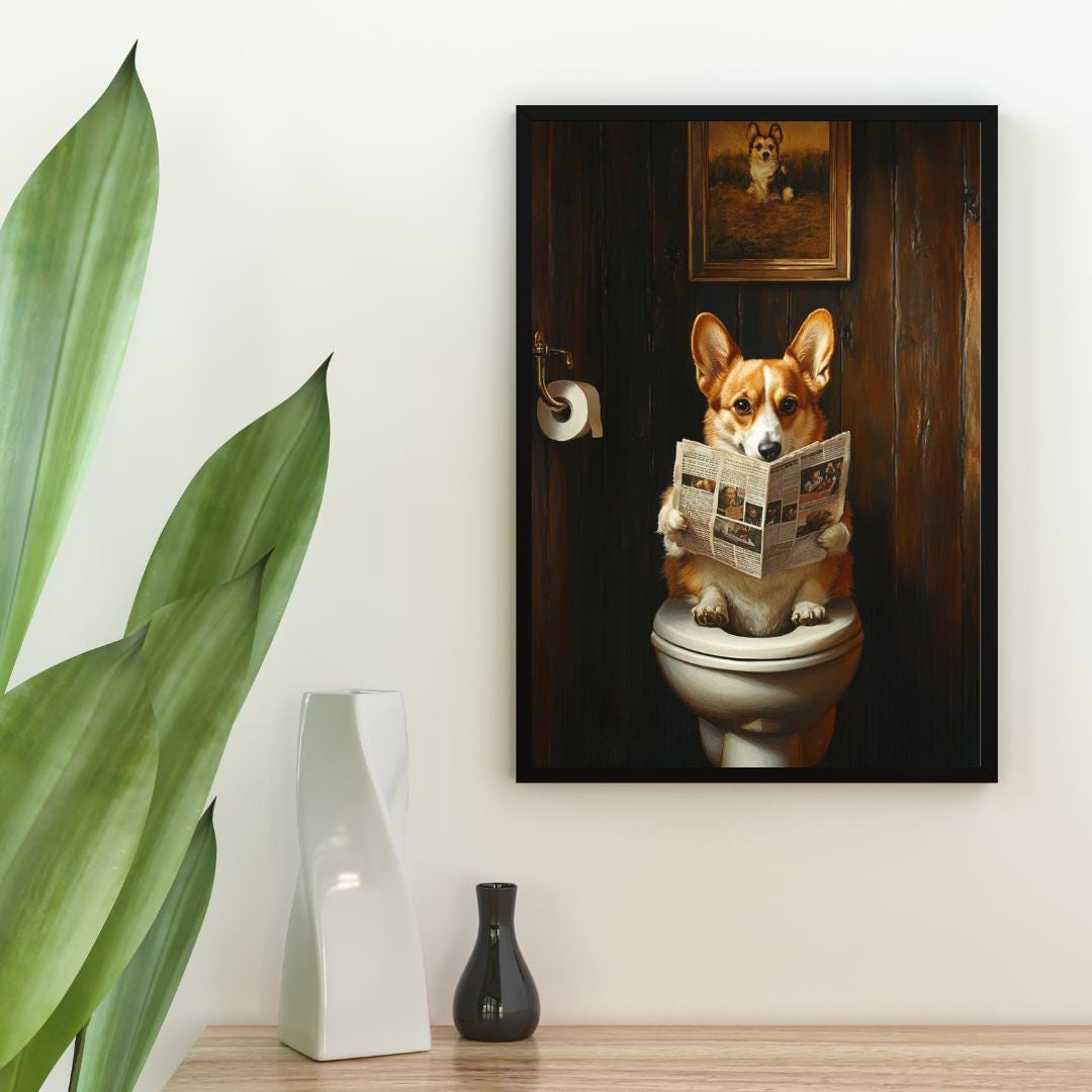 Pembroke Welsh Corgi on Toilet Poster, Dog Poster, Corgi Bathroom Print ...