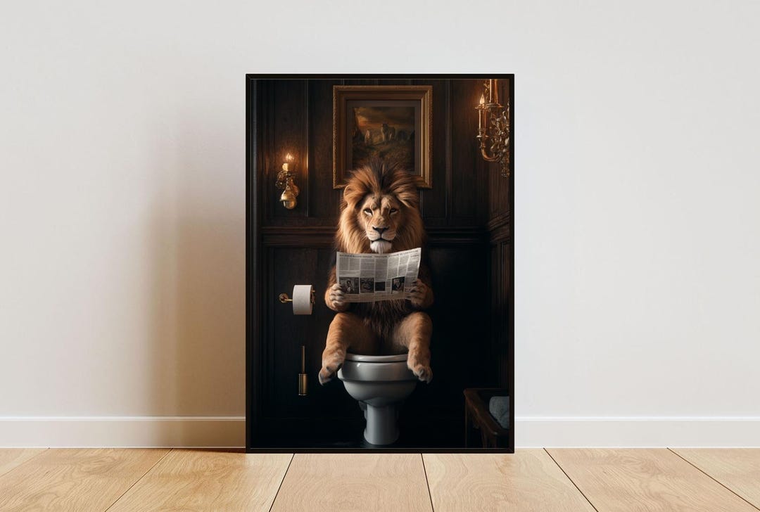 Lion on Toilet Poster, Animal Poster, Lion Bathroom Print, Animal ...
