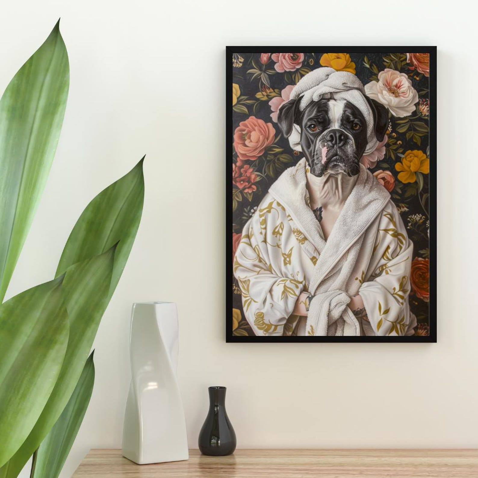 Boxer in Bathrobe Poster, Dog Poster, Boxer Bathroom Print, Dog Wall ...