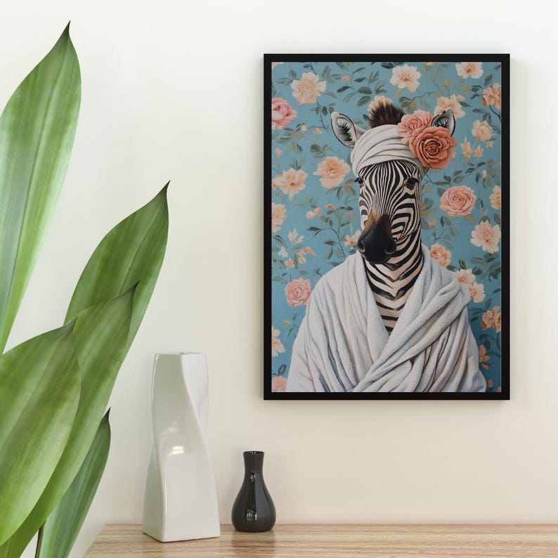 Zebra in Bathrobe Poster, Animal Poster, Zebra Bathroom Print, Animal ...