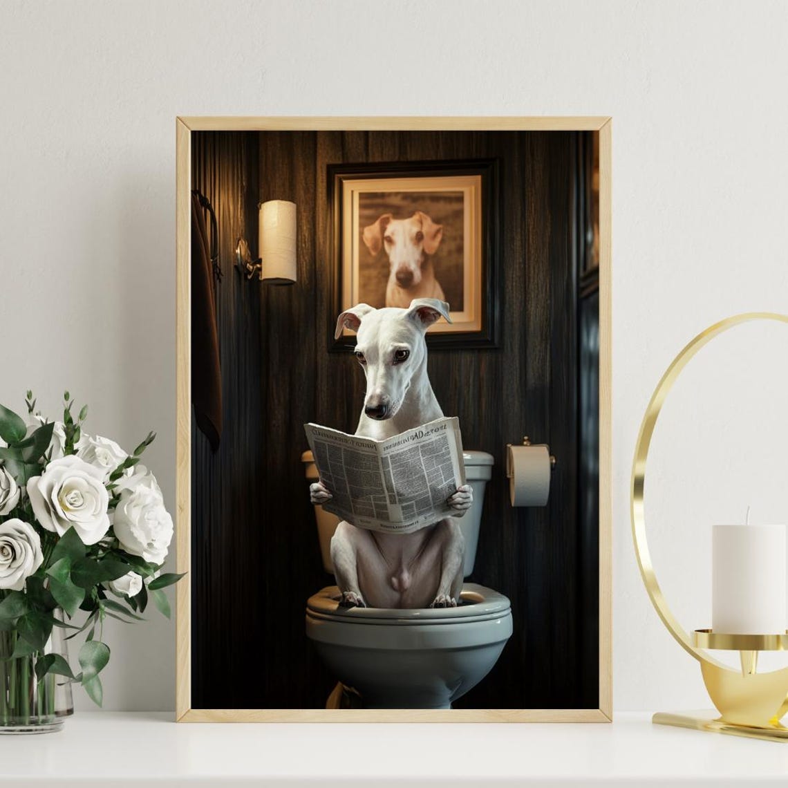 Whippet on Toilet Poster, Dog Poster, Whippet Bathroom Print, Dog ...
