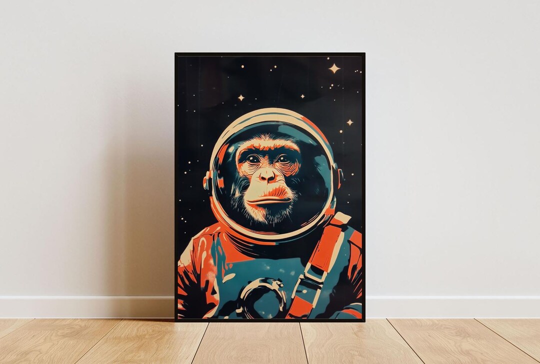 Monkey Astronaut Poster, Monkey Retro Print, Monkey Portrait, Animal ...