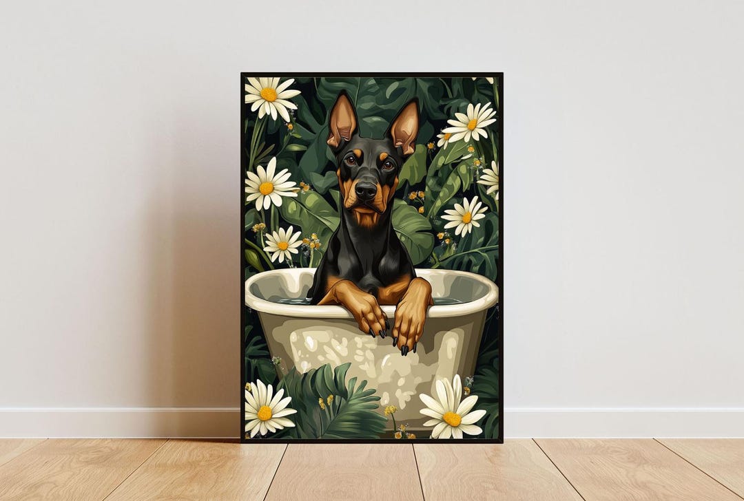 Doberman Pinscher in Bathtub Poster, Funny Dog Poster, Doberman ...