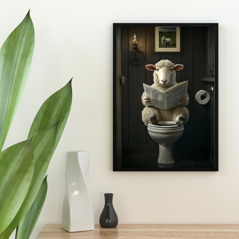 Sheep on Toilet Poster, Animal Poster, Sheep Bathroom Print, Animal ...