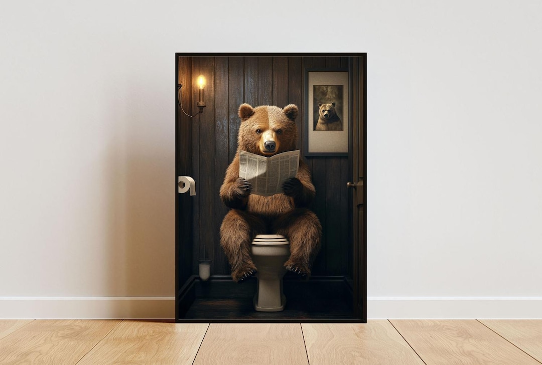 Bear on Toilet Poster, Animal Poster, Bear Bathroom Print, Animal ...