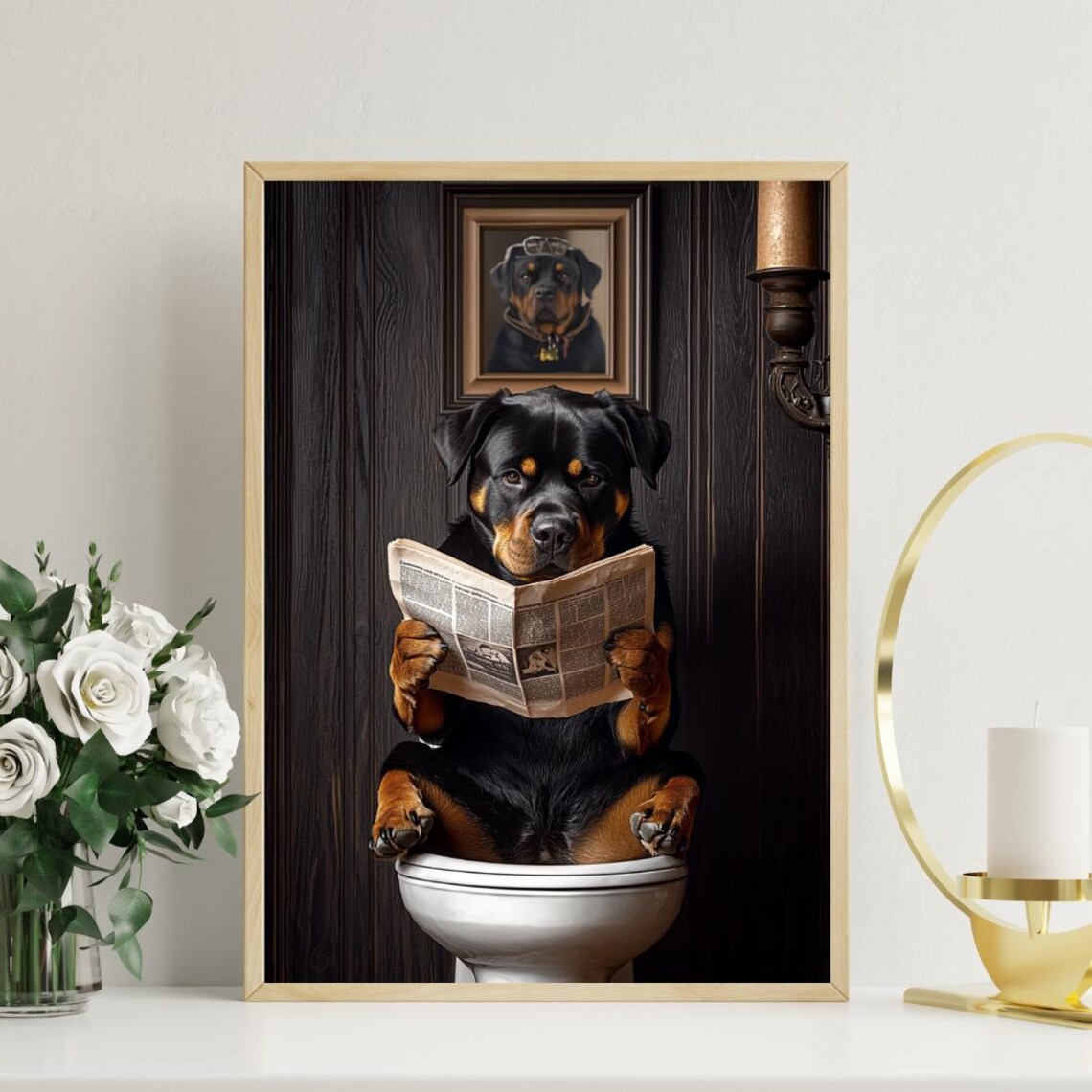 Rottweiler on Toilet Poster, Dog Poster, Rottweiler Bathroom Print, Dog ...