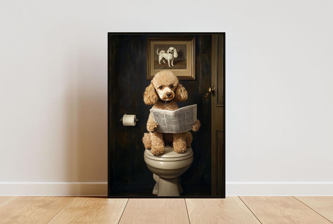 Poodle on Toilet Poster, Dog Poster, Poodle Bathroom Print, Dog Toilet ...