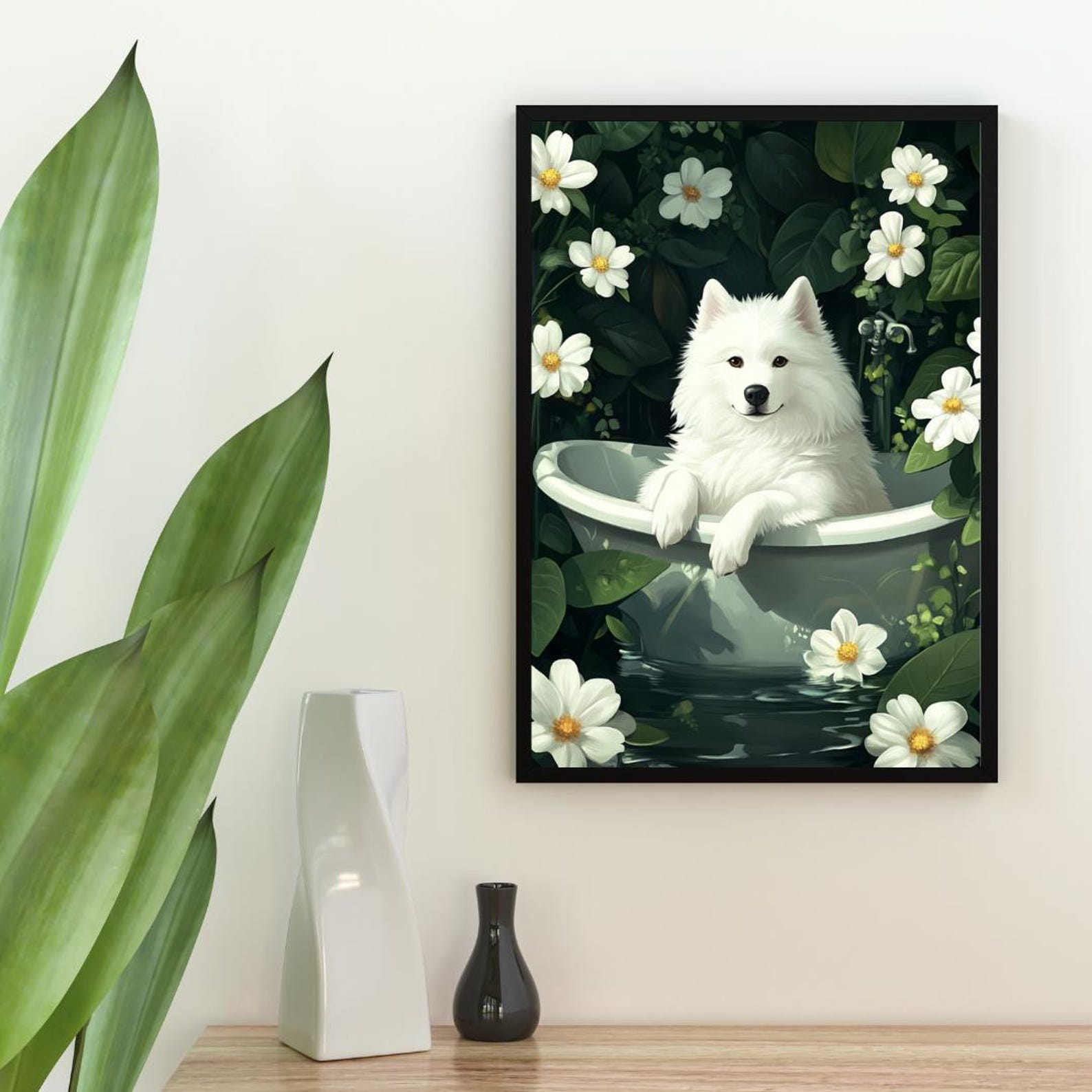 Samoyed in Bathtub Poster, Funny Dog Poster, Samoyed Bathroom Print, Samoyed Bath Poster, Pet ...