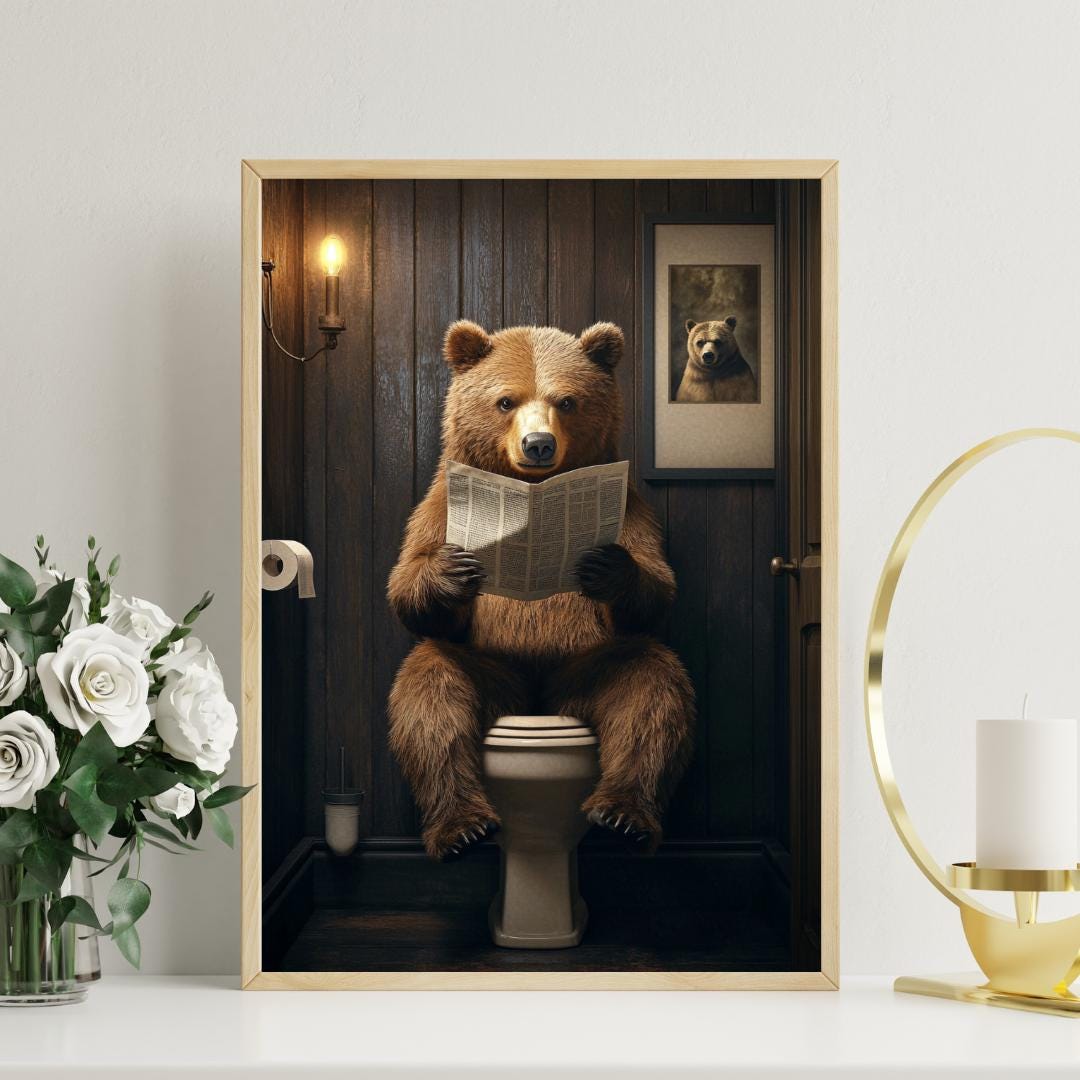 Bear on Toilet Poster, Animal Poster, Bear Bathroom Print, Animal ...