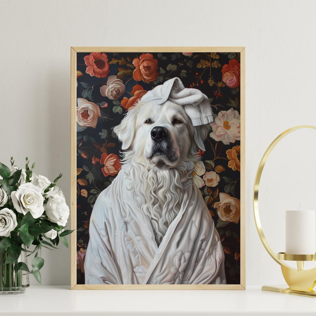 Great Pyrenees in Bathrobe Poster, Dog Poster, Great Pyrenees Bathroom ...