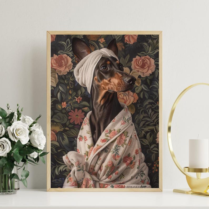 Doberman Pinscher in Bathrobe Poster, Dog Poster, Doberman Pinscher ...