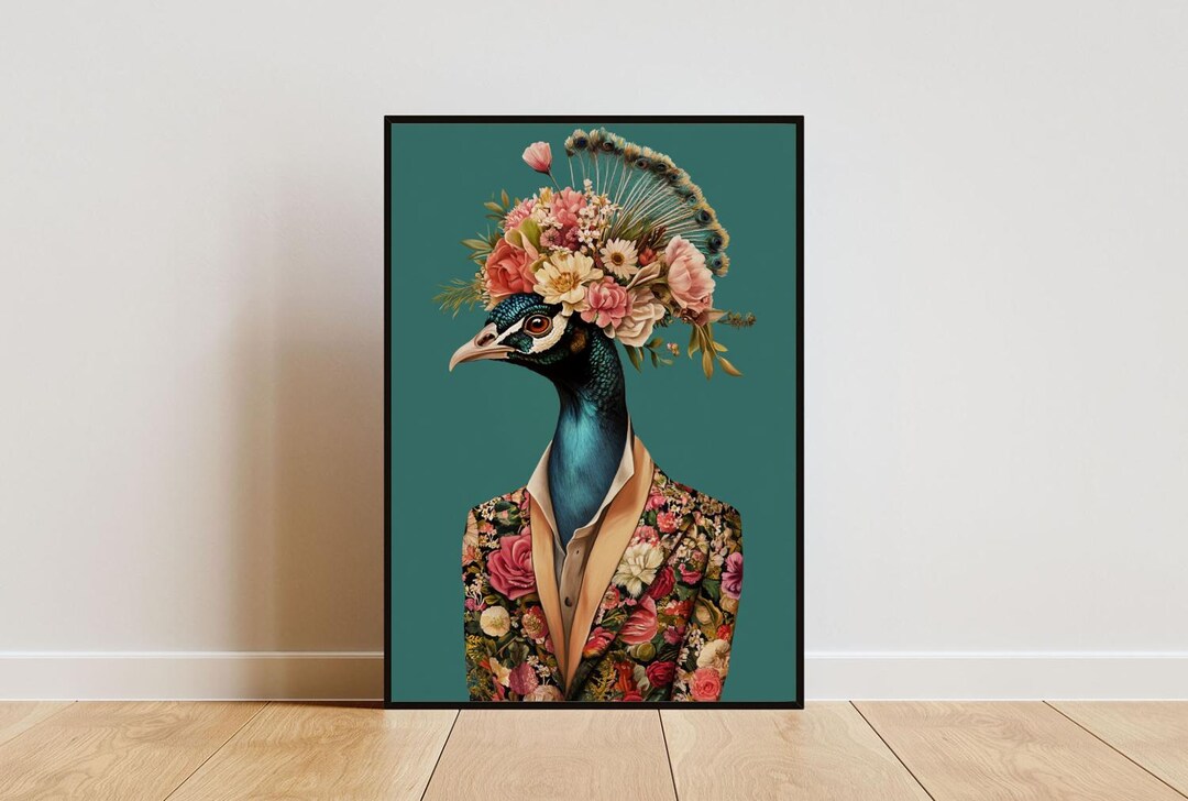 Peacock in Suit Poster, Peacock Portrait, Peacock Oil Painting, Animal ...