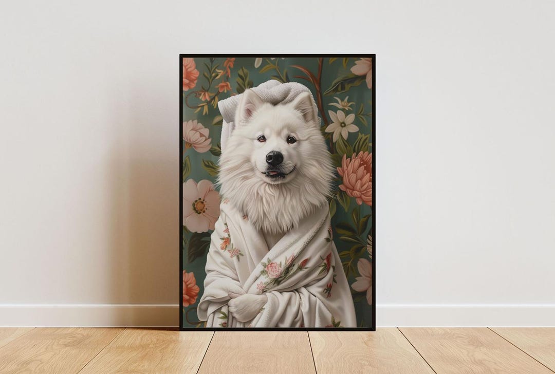 Samoyed in Bathrobe Poster, Dog Poster, Samoyed Bathroom Print, Dog Wall Art, Samoyed Portrait ...