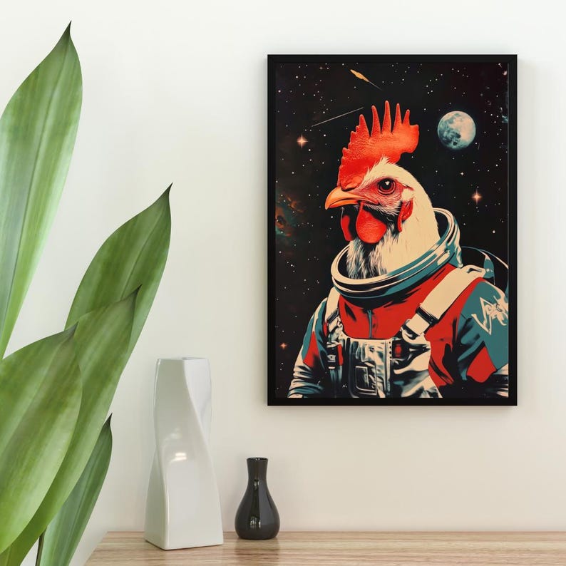 Chicken Astronaut Poster, Chicken Retro Print, Chicken Portrait, Animal ...