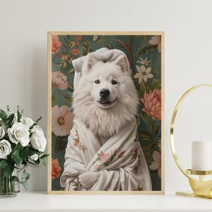 Samoyed in Bathrobe Poster, Dog Poster, Samoyed Bathroom Print, Dog ...