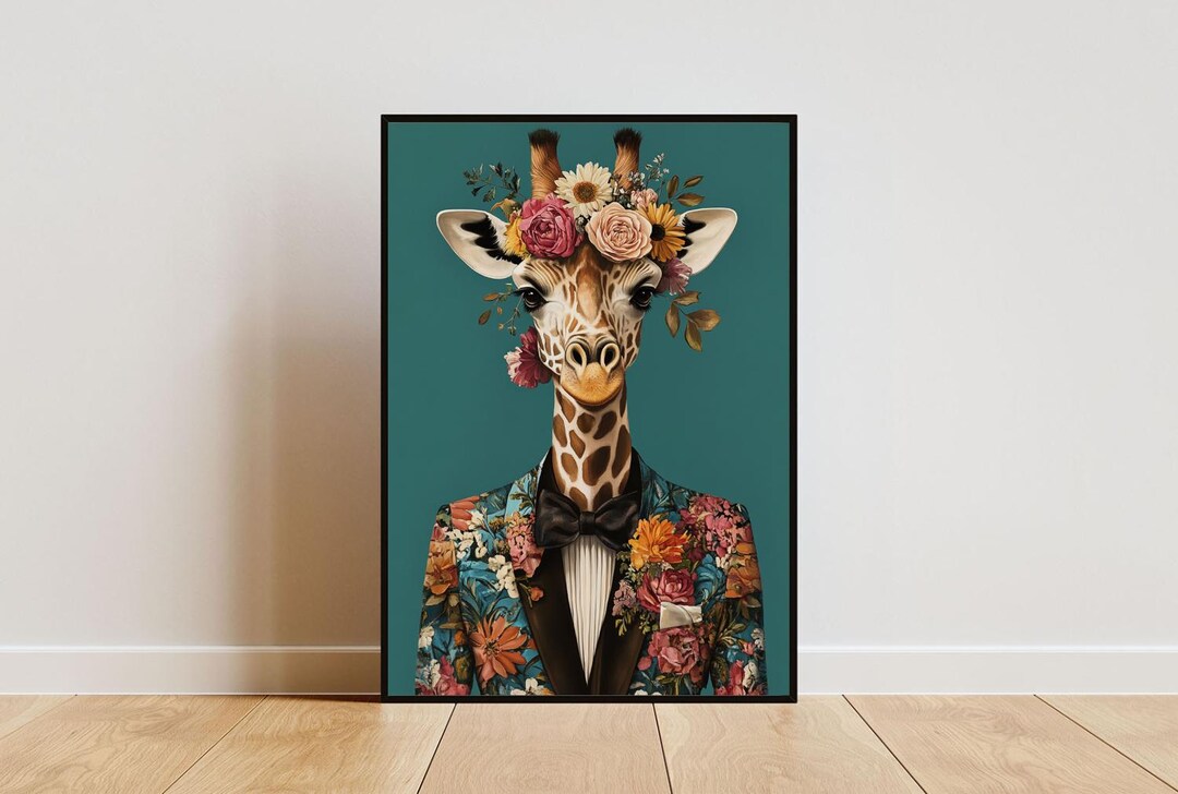 Giraffe in Suit Poster, Giraffe Portrait, Giraffe Oil Painting, Animal ...