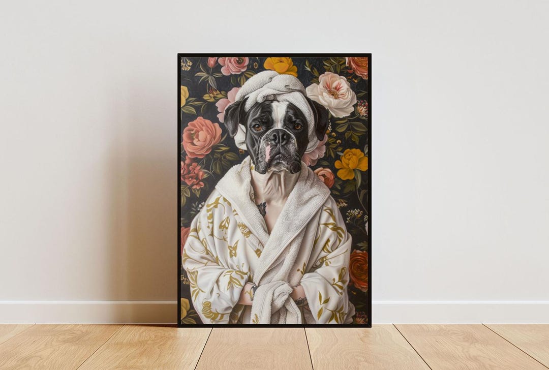 Boxer in Bathrobe Poster, Dog Poster, Boxer Bathroom Print, Dog Wall ...