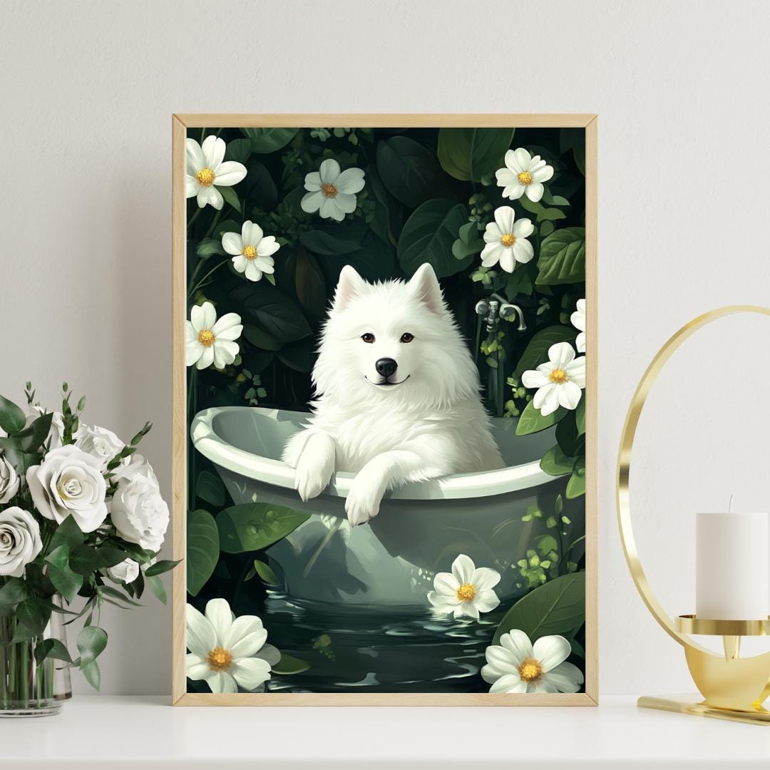 Samoyed in Bathtub Poster, Funny Dog Poster, Samoyed Bathroom Print, Samoyed Bath Poster, Pet ...