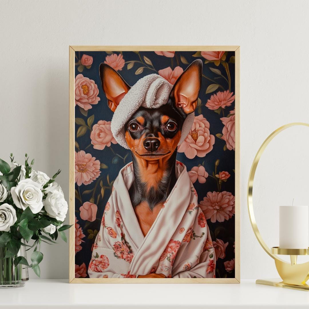 Miniature Pinscher in Bathrobe Poster, Dog Poster, Miniature Pinscher ...