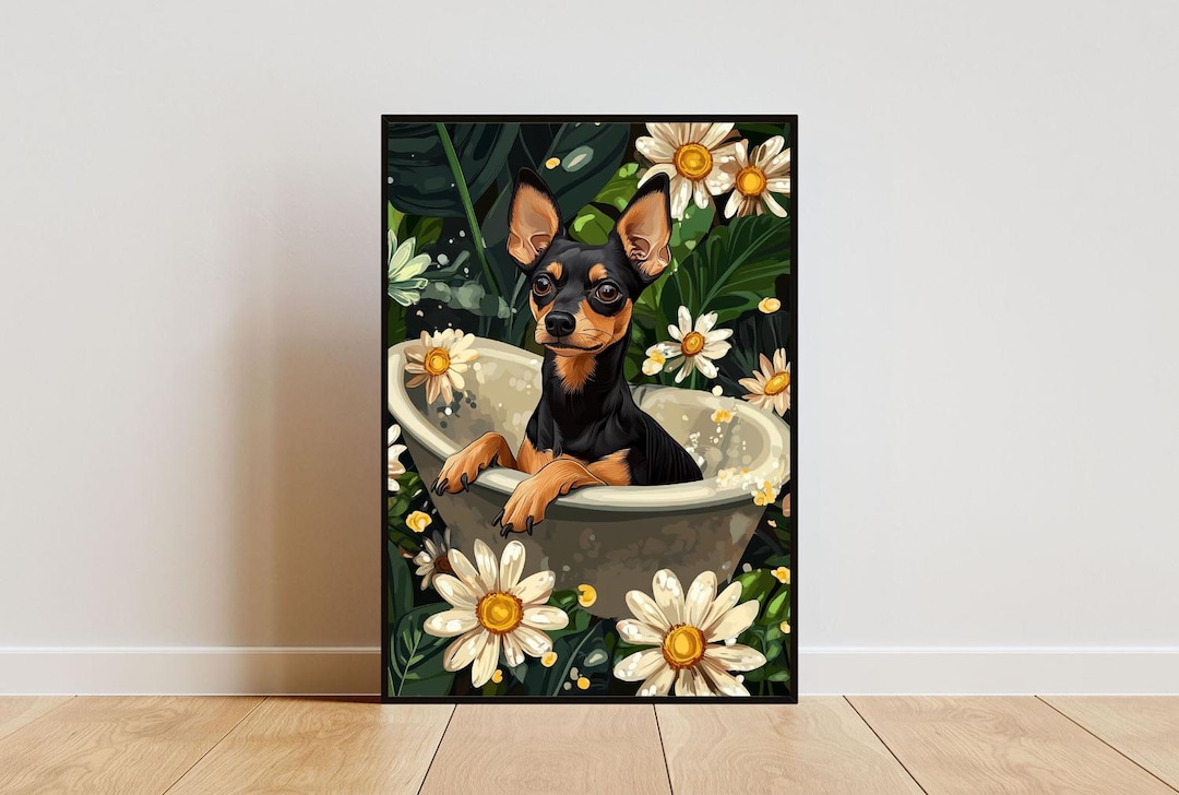 Miniature Pinscher in Bathtub Poster, Funny Dog Poster, Miniature ...