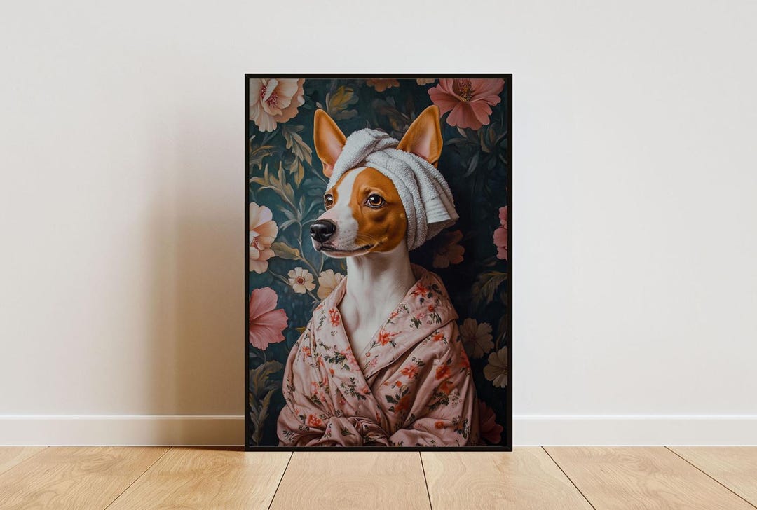 Basenji in Bathrobe Poster, Dog Poster, Basenji Bathroom Print, Dog Wall Art, Basenji Portrait ...